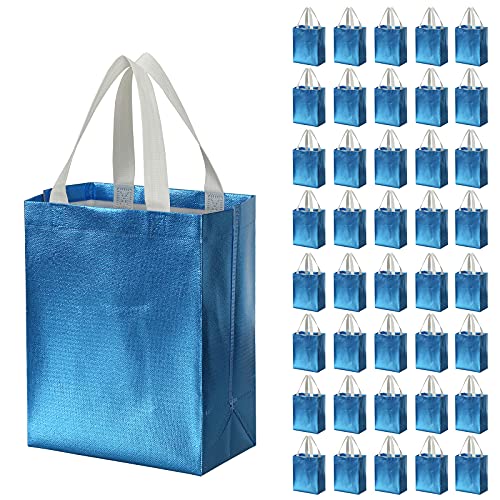 Tosnail 40 Pack 10 x 8 Inch Glossy Reusable Grocery Bags Shopping Tote Bag with Handle Present Bag Gift Bag for Weddings, Birthdays, Party, Event - Light Blue