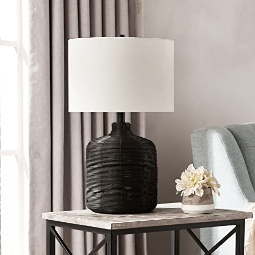 Henn&Hart 20.5" Tall Petite/Rattan Table Lamp with Fabric Shade in Black Rattan/White, Lamp, Desk Lamp for Home or Office