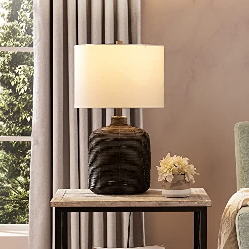 Henn&Hart 20.5" Tall Petite/Rattan Table Lamp with Fabric Shade in Black Rattan/White, Lamp, Desk Lamp for Home or Office