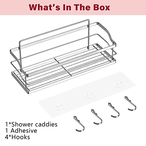 BDS-DELWINS Shower Caddy Basket Shelf with Hooks Adhesive Wall Mounted Bathroom Rack No Drilling Rustproof 304 Kitchen Storage Organizers (Silver)-1 Pack