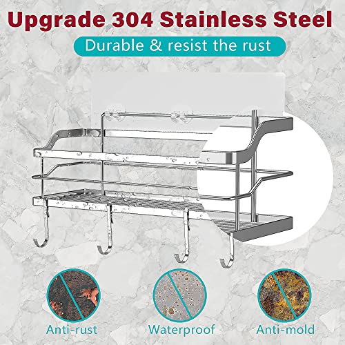 BDS-DELWINS Shower Caddy Basket Shelf with Hooks Adhesive Wall Mounted Bathroom Rack No Drilling Rustproof 304 Kitchen Storage Organizers (Silver)-1 Pack