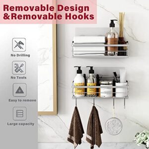 BDS-DELWINS Shower Caddy Basket Shelf with Hooks Adhesive Wall Mounted Bathroom Rack No Drilling Rustproof 304 Kitchen Storage Organizers (Silver)-1 Pack