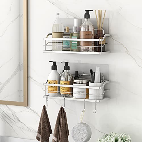 BDS-DELWINS Shower Caddy Basket Shelf with Hooks Adhesive Wall Mounted Bathroom Rack No Drilling Rustproof 304 Kitchen Storage Organizers (Silver)-1 Pack