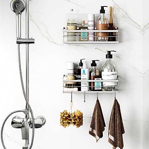 BDS-DELWINS Shower Caddy Basket Shelf with Hooks Adhesive Wall Mounted Bathroom Rack No Drilling Rustproof 304 Kitchen Storage Organizers (Silver)-1 Pack