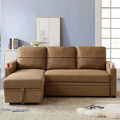 GUONTHO 82" Sectional Sofas with Pull Out Sofa Bed Couch for Living Room Apartment Reversible L Shape Chaise with Soft Cushion and Storage for Small Space Solid Wood & Brown Linen