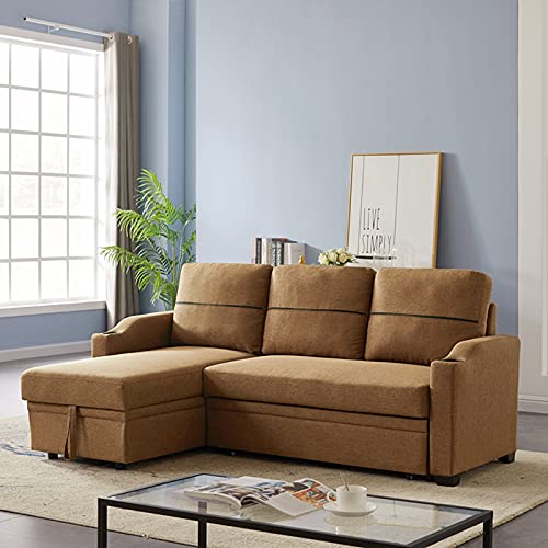 GUONTHO 82" Sectional Sofas with Pull Out Sofa Bed Couch for Living Room Apartment Reversible L Shape Chaise with Soft Cushion and Storage for Small Space Solid Wood & Brown Linen