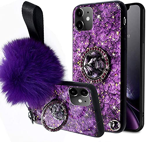 for iPhone 13 Pro Max Case Women Design with Ring Stand,Luxury Bling Glitter Marble Hard Back Soft Rugged Rubber Edge Cute Girly Shockproof Phone Cover for iPhone 13 Pro Max with Strap 6.7'' Purple