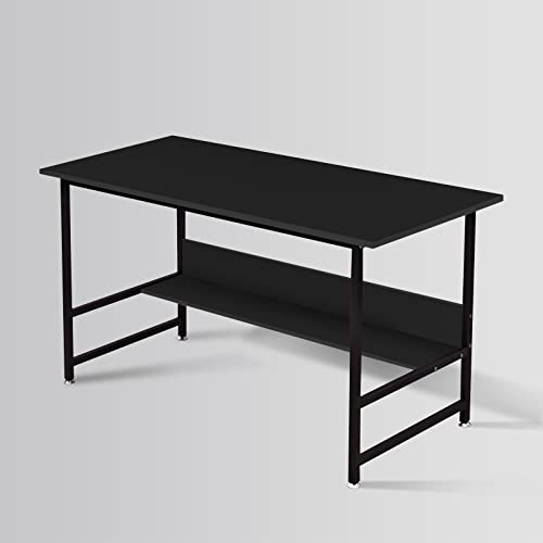 MASAKA B&W Study Computer Desk for Writing Room, 55" Home Office Desk with Wooden Storage Shelf, 2-Tier Wood Top Office Table with Metal