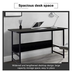 MASAKA B&W Study Computer Desk for Writing Room, 55" Home Office Desk with Wooden Storage Shelf, 2-Tier Wood Top Office Table with Metal