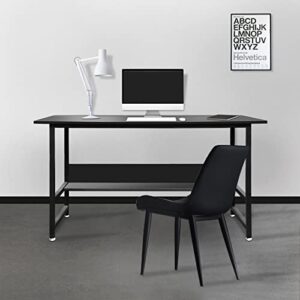 MASAKA B&W Study Computer Desk for Writing Room, 55" Home Office Desk with Wooden Storage Shelf, 2-Tier Wood Top Office Table with Metal