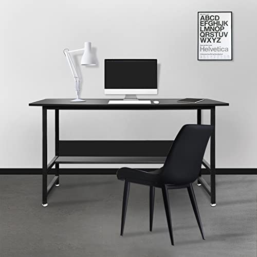 MASAKA B&W Study Computer Desk for Writing Room, 55" Home Office Desk with Wooden Storage Shelf, 2-Tier Wood Top Office Table with Metal