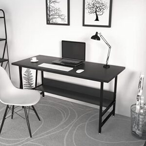 MASAKA B&W Study Computer Desk for Writing Room, 55" Home Office Desk with Wooden Storage Shelf, 2-Tier Wood Top Office Table with Metal