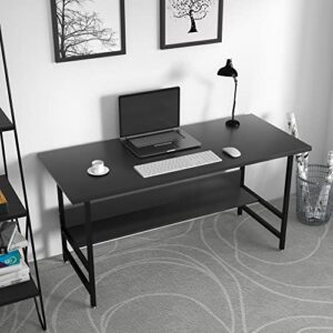 MASAKA B&W Study Computer Desk for Writing Room, 55" Home Office Desk with Wooden Storage Shelf, 2-Tier Wood Top Office Table with Metal