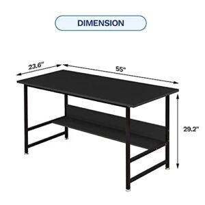 MASAKA B&W Study Computer Desk for Writing Room, 55" Home Office Desk with Wooden Storage Shelf, 2-Tier Wood Top Office Table with Metal