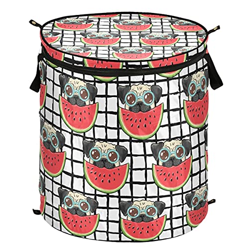 DOMIKING Cute Pug Eating Watermelon Popup Laundry Hamper with Zipper Lid Collapsible Laundry Basket Portable Laundry Bin for Kids Room Travel College Dorm