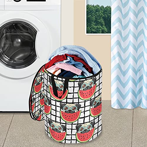 DOMIKING Cute Pug Eating Watermelon Popup Laundry Hamper with Zipper Lid Collapsible Laundry Basket Portable Laundry Bin for Kids Room Travel College Dorm