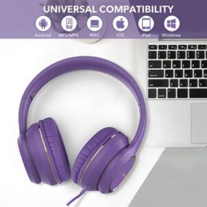 RORSOU R8 On-Ear Headphones with Microphone, Lightweight Folding Stereo Bass Headphones with 1.5M No-Tangle Cord, Portable Wired Headphones for Smartphone Tablet Computer MP3 / 4 (Pruple)