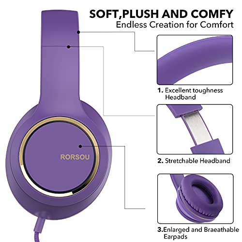 RORSOU R8 On-Ear Headphones with Microphone, Lightweight Folding Stereo Bass Headphones with 1.5M No-Tangle Cord, Portable Wired Headphones for Smartphone Tablet Computer MP3 / 4 (Pruple)