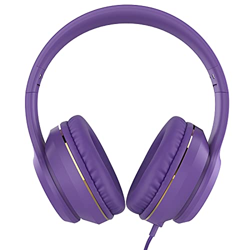 RORSOU R8 On-Ear Headphones with Microphone, Lightweight Folding Stereo Bass Headphones with 1.5M No-Tangle Cord, Portable Wired Headphones for Smartphone Tablet Computer MP3 / 4 (Pruple)