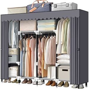 LOKEME Portable Closet, 67 Inch Wardrobe Closet for Hanging Clothes with 4 Hanging Rods, 25mm Steel Tube Clothes Storage Organizer for Extra Sturdy, Quick and Easy to Assembly, Gray Cover