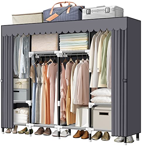 LOKEME Portable Closet, 67 Inch Wardrobe Closet for Hanging Clothes with 4 Hanging Rods, 25mm Steel Tube Clothes Storage Organizer for Extra Sturdy, Quick and Easy to Assembly, Gray Cover