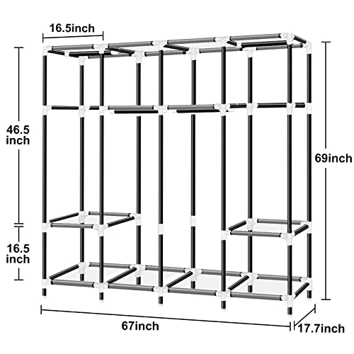 LOKEME Portable Closet, 67 Inch Wardrobe Closet for Hanging Clothes with 4 Hanging Rods, 25mm Steel Tube Clothes Storage Organizer for Extra Sturdy, Quick and Easy to Assembly, Gray Cover