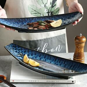 Cabilock Fish Shaped Plate Fish Dish Ceramic Serving Platter Decorative Snack Storage Platter for Restaurants Home Kitchen Dark Blue