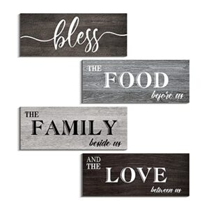 creoate 4 pieces bless food family love signs for kitchen wall decor plaque, home farmhouse rustic decor, wood wall hanging decorations for dining room kitchen, christmas gift for home, small (4 x 10 in x4)