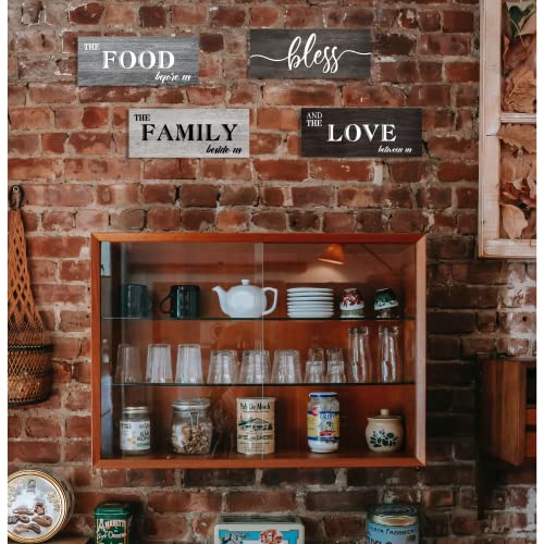 Creoate 4 Pieces Bless Food Family Love Signs for Kitchen Wall Decor Plaque, Home Farmhouse Rustic Decor, Wood Wall Hanging Decorations for Dining Room Kitchen, Christmas Gift for Home, Small (4 x 10 IN X4)