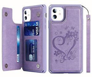 icovercase for iphone 11 wallet case with card slots holder and wrist strap [rfid blocking] embossed leather kickstand magnetic clasp shockproof cover for iphone 11 6.1 inch (heart purple)