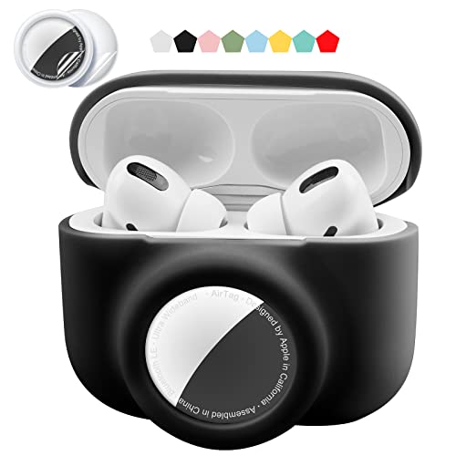 2 in 1 Protective Skin Case Compatible for Airpods Pro and Airtag Case Combo Set, Silicone GPS Tracker Cover Holder, Soft Shock-Proof Anti-Scratch Anti-Lost(Black)