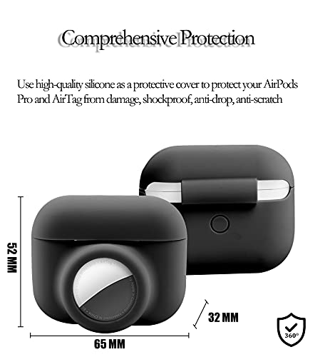 2 in 1 Protective Skin Case Compatible for Airpods Pro and Airtag Case Combo Set, Silicone GPS Tracker Cover Holder, Soft Shock-Proof Anti-Scratch Anti-Lost(Black)