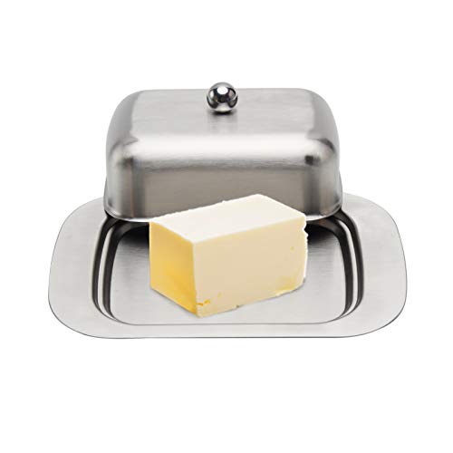 Butter Dish Stainless Steel Butter Dish with Lid Classic 2-piece Design Butter Keeper Cheese Butter Container Butter Cheese Storage Box Rectangular Butter Tray(Silver)