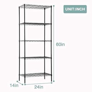 PayLessHere 14" D×24" W×60" H Wire Shelving Unit Metal Commercial Shelf with 5 Tier Layer Rack Strong Steel for Restaurant Garage Pantry Kitchen Garage，Black