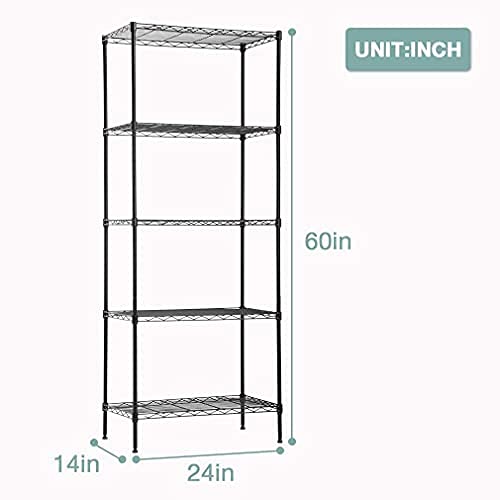 PayLessHere 14" D×24" W×60" H Wire Shelving Unit Metal Commercial Shelf with 5 Tier Layer Rack Strong Steel for Restaurant Garage Pantry Kitchen Garage，Black