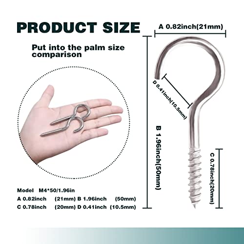 20 Pieces of 1.97 inch Pull Hook 304 Stainless Steel Hook, Round Head Screw Hook, M4 Metal Cup Hook, Indoor and Outdoor Screw Hook, M4x50