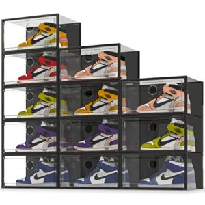 see spring x-large 12 pack shoe storage box, clear plastic stackable shoe organizer for closet, shoe sneaker containers bins holders fit up to size 13 (black)