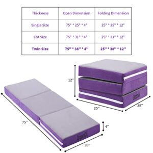 DreamQi Folding Mattress Twin,4 inch Tri Folding Foam Mattress Topper with Removable Cover, Portable Sleeping Mat,Easy to Storage,Foldable Pack N Play Mattress for Crib, Yoga Mats (Twin Size)