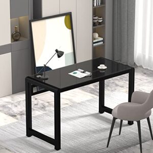 MASAKA B&W Professional Writing Desk Tempered Glass Top, Study Computer Desk 47.25" Home Office Writing Modern Desk, Stable Workstation, Black Metal Frame