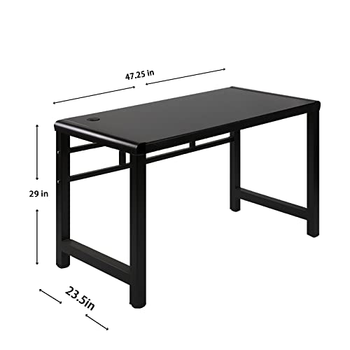 MASAKA B&W Professional Writing Desk Tempered Glass Top, Study Computer Desk 47.25" Home Office Writing Modern Desk, Stable Workstation, Black Metal Frame