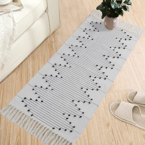 CAROMIO Boho Bathroom Runner Rug with Tassels, 2' x 4.4', Black and White Geometric Kitchen Rug, Washable Tufted Decorative Woven Throw Rug for Kitchen, Doorway, Laundry, Bedroom