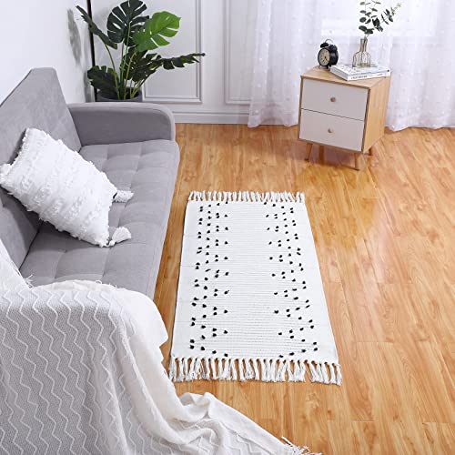 CAROMIO Boho Bathroom Runner Rug with Tassels, 2' x 4.4', Black and White Geometric Kitchen Rug, Washable Tufted Decorative Woven Throw Rug for Kitchen, Doorway, Laundry, Bedroom