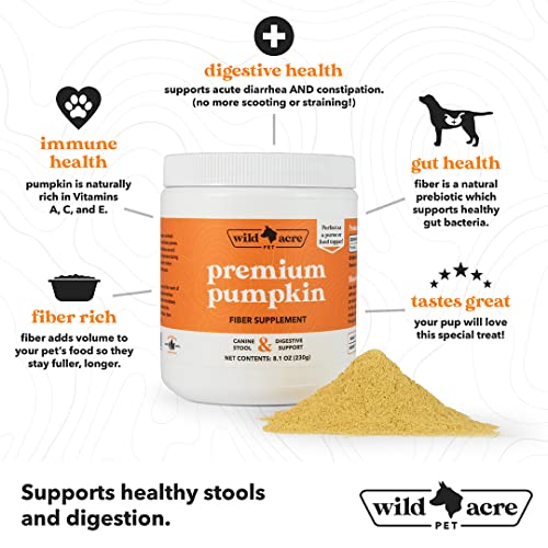 Wild Acre Pumpkin Powder for Dogs - No More Diarrhea or Scoots! - Digestive Puree Treat or Food Topper - Fiber Supplement for Dogs with Prebiotics Pumpkin for Dogs, 8oz