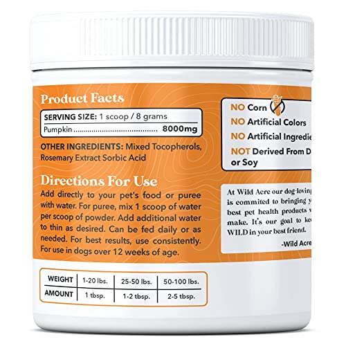 Wild Acre Pumpkin Powder for Dogs - No More Diarrhea or Scoots! - Digestive Puree Treat or Food Topper - Fiber Supplement for Dogs with Prebiotics Pumpkin for Dogs, 8oz