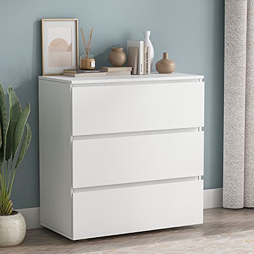 Homsee Modern 3-Drawer Dresser Chest, Wooden Dresser Tower with Wide Storage Space, Dresser Closet for Nursery Living Room Bedroom Hallway (White)