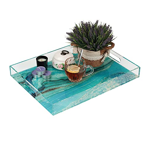 Acrylic Galaxy Serving Tray with Handle, Universe Foodservice Tray for Kitchen Dinning Room, Decorative Plastic Table Tray for Bathroom Vanity Countertop(YGC010)