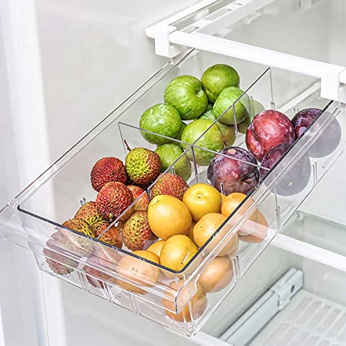 J2K Refrigerator Organizer Bin | Retractable Fridge Storage Drawer Organizer | 1-4 Adjustable Partition Fruits, Vegetables, Egg Storage Container | Fits Fridge Shelf Lip Under 1.5 Cm