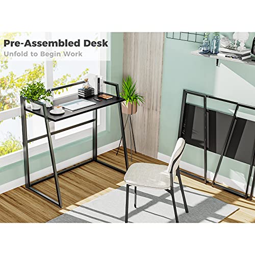 33 Inch Small Black Folding Computer Desk, Sturdy Heavy Duty Foldable Table for Small Spaces Home Office Bedroom Outdoor Work Study Writing Collapsible Portable with Metal Legs, EPA Certified