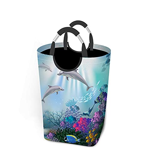 Wondertify Underwater World Laundry Hamper Dolphins Plants Blue Ocean Bottom Aquatic Algae Fish Clothes Basket With Easy Carry Handles For Clothes Organizer Toys Storage