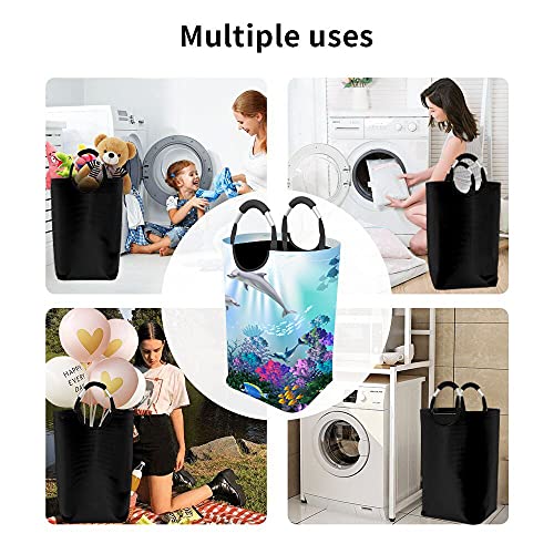 Wondertify Underwater World Laundry Hamper Dolphins Plants Blue Ocean Bottom Aquatic Algae Fish Clothes Basket With Easy Carry Handles For Clothes Organizer Toys Storage